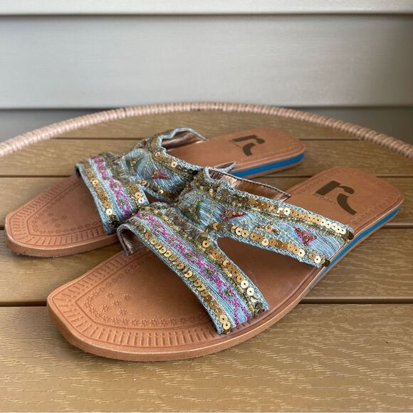 Report | Shoes | Report Chandra Blue Gold Sequin Sandals Boho Slides ...